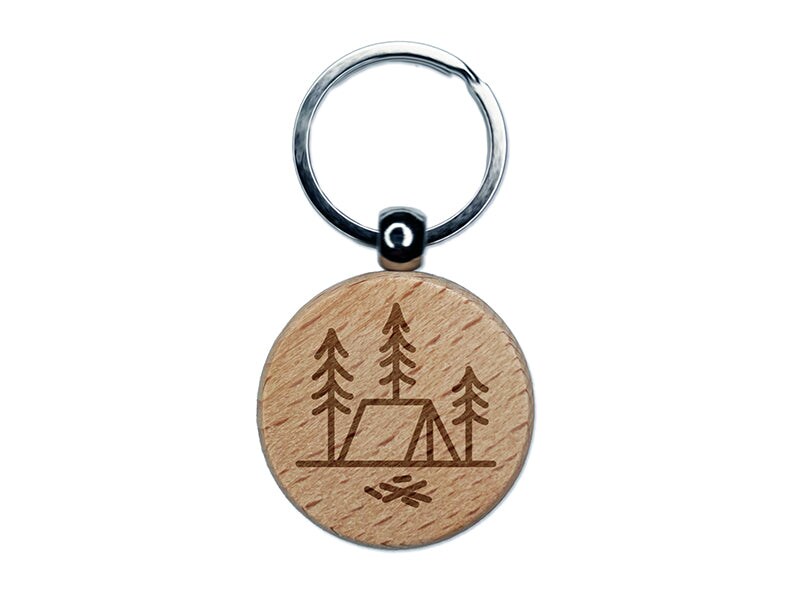 Simple Tent Camping in Woods Engraved Wood Round Keychain Tag Charm ...