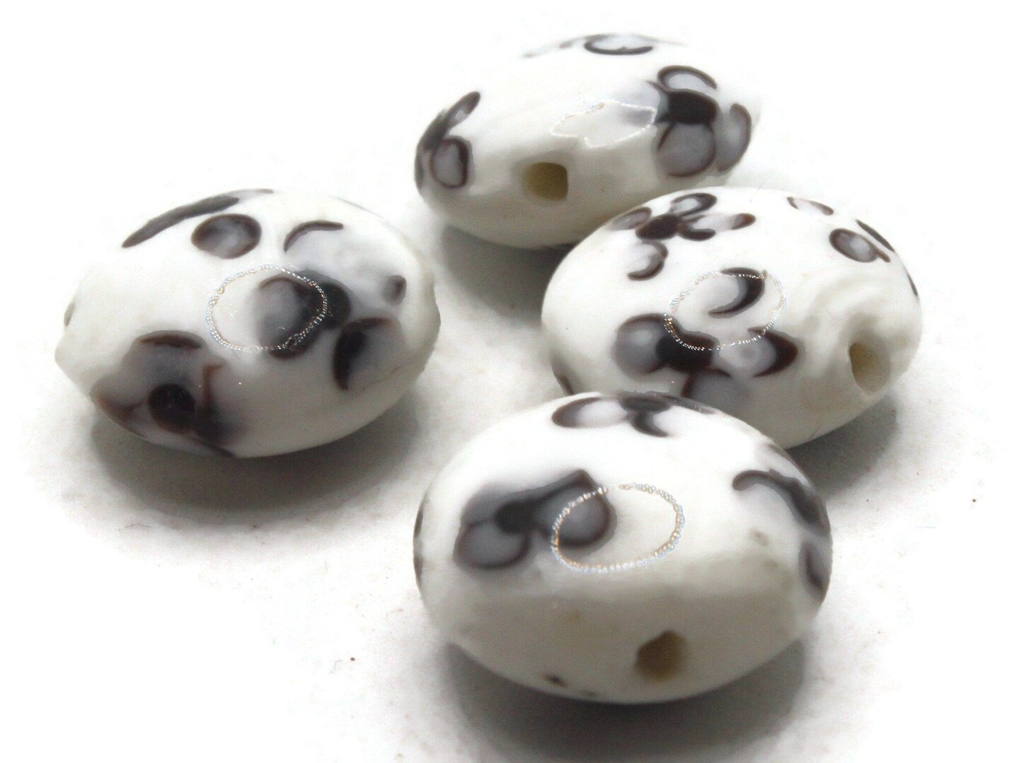 4 16mm Black Flower White Lampwork Glass Floral Puffed Coin Beads ...