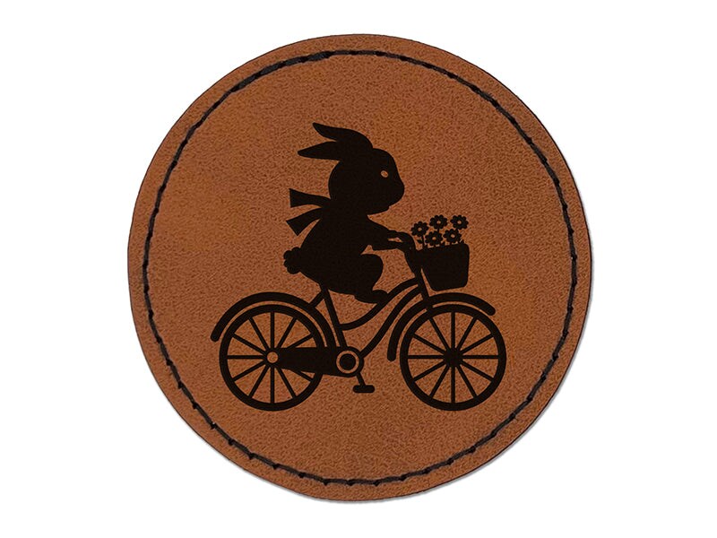 Rabbit Bunny on Bike Round Iron-On Engraved Faux Leather Patch Applique ...