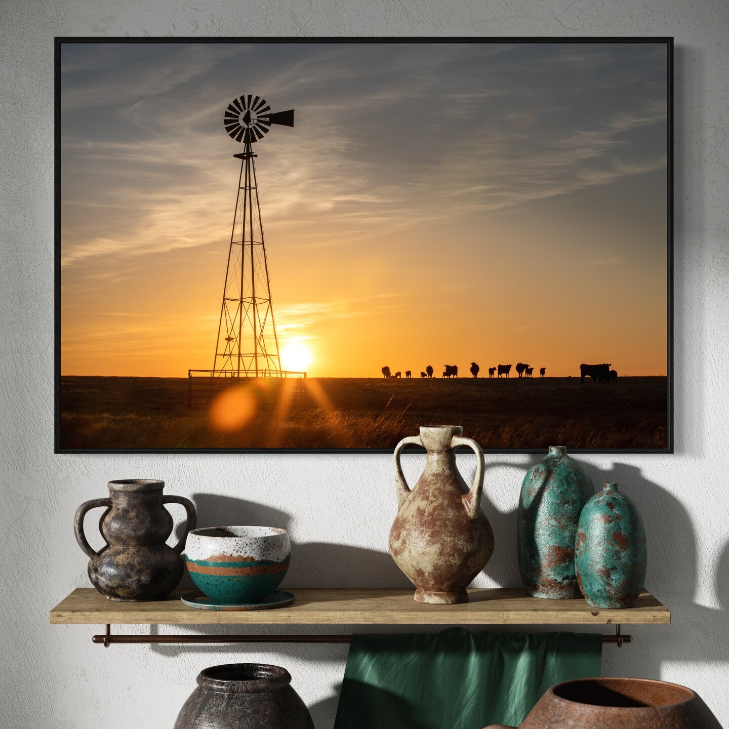 Old Windmill Canvas Wall Art - Black Angus Cattle - Rustic Western ...