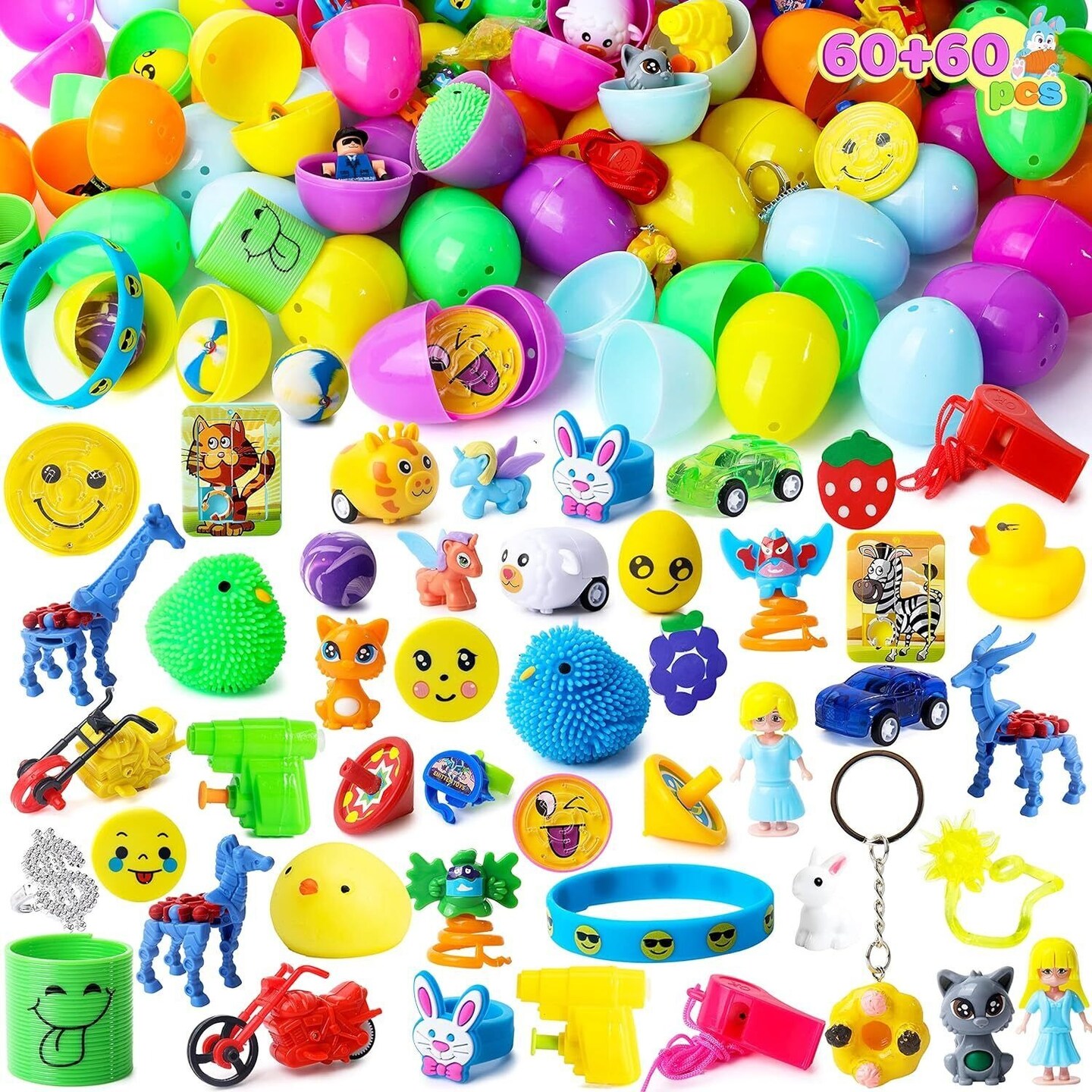 120Pcs Easter Eggs with Toys 60 Prefilled Stickers Assorted for Kids ...