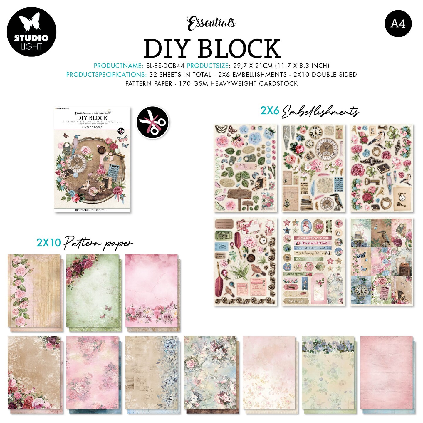 Studio Light SL DIY Block Vintage Roses Essentials294x210x9mm 32 SH nr.44 | Michaels