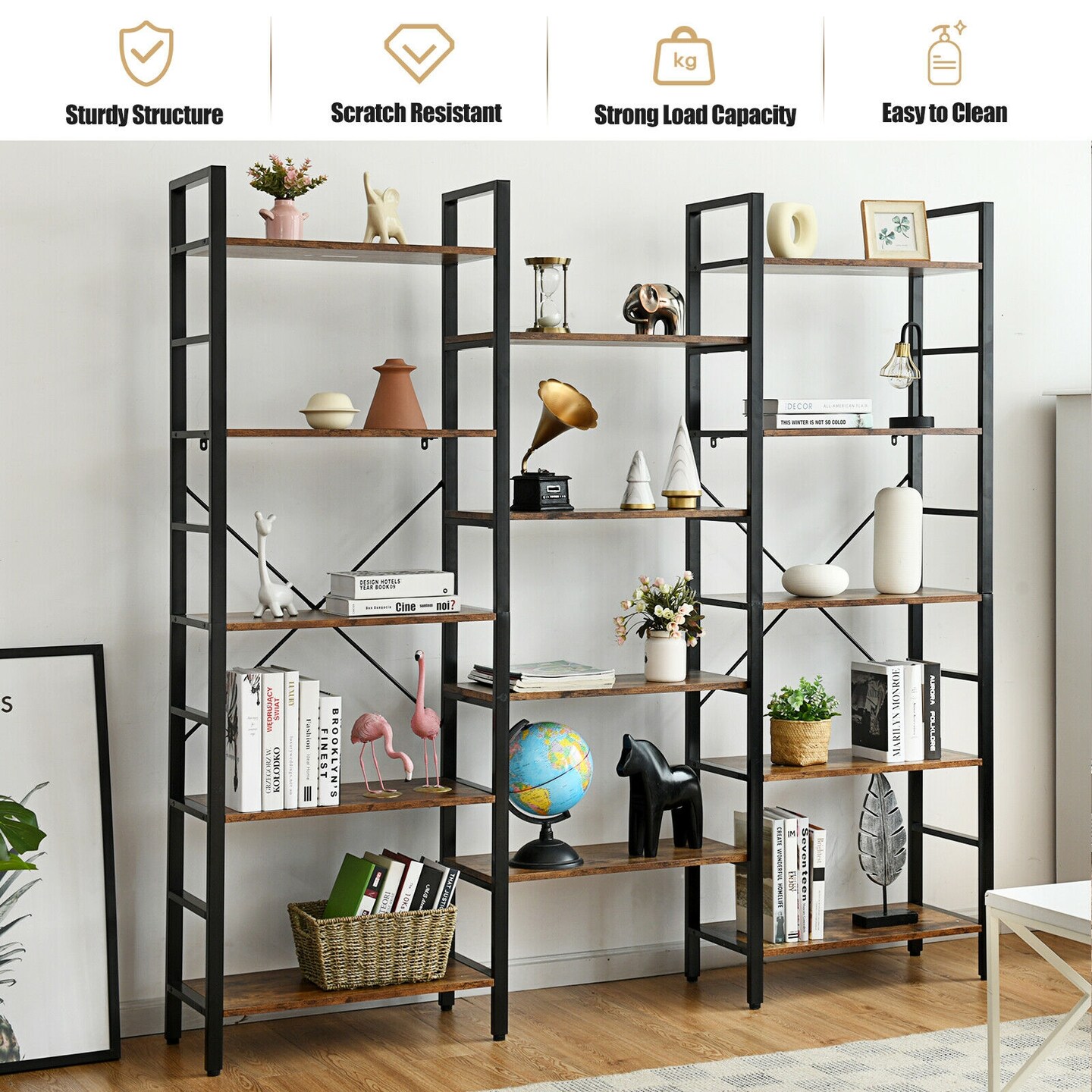 Vintage Triple Wide 5-Tier Bookcase Large Bookshelf Display Storage ...
