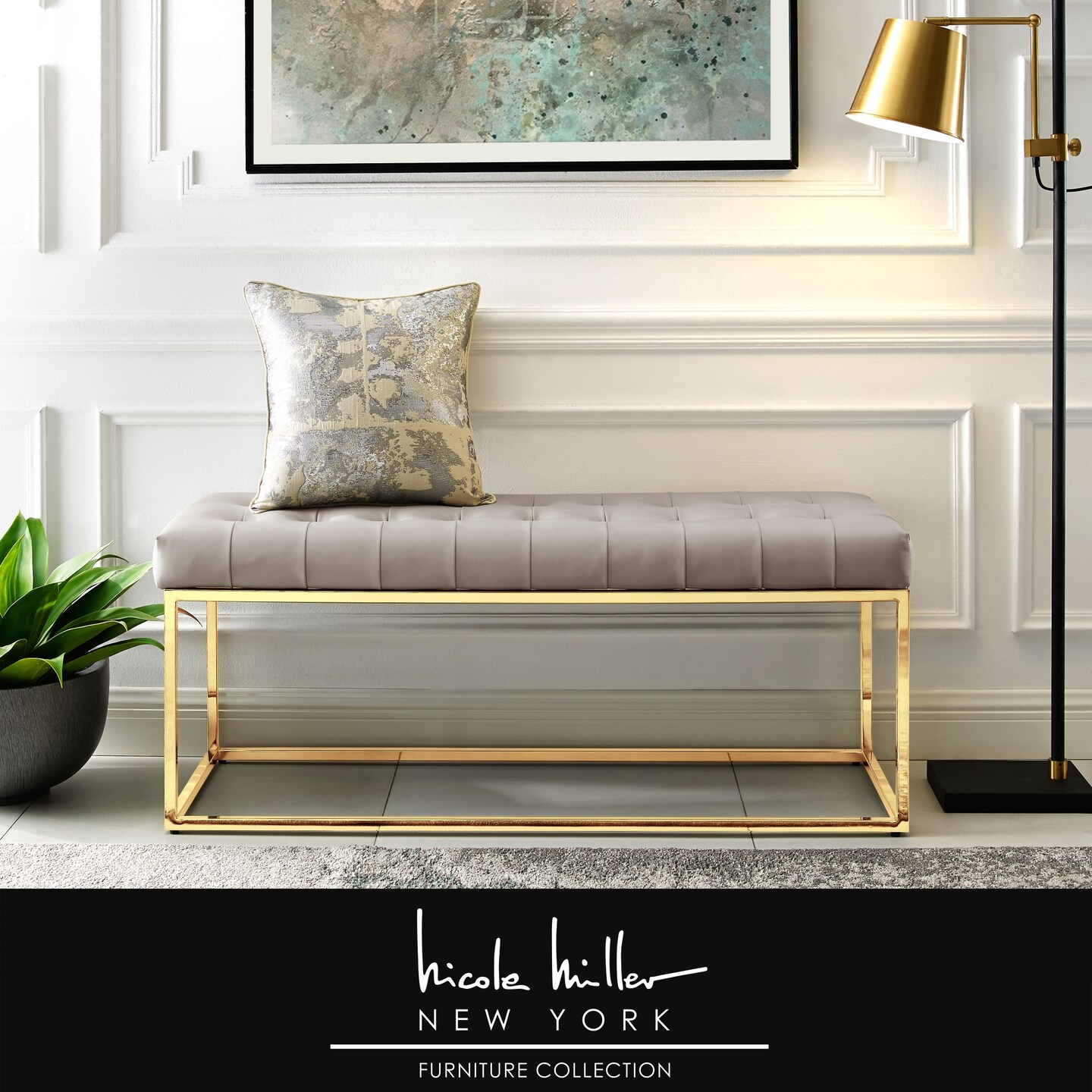 Koa PU Leather Button Tufted Metal Leg Bench With Gold/Chrome Legs ...