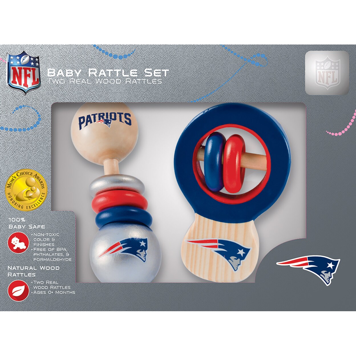 Baby Fanatic Wood Rattle 2 Pack - NFL New England Patriots Baby Toy Set ...