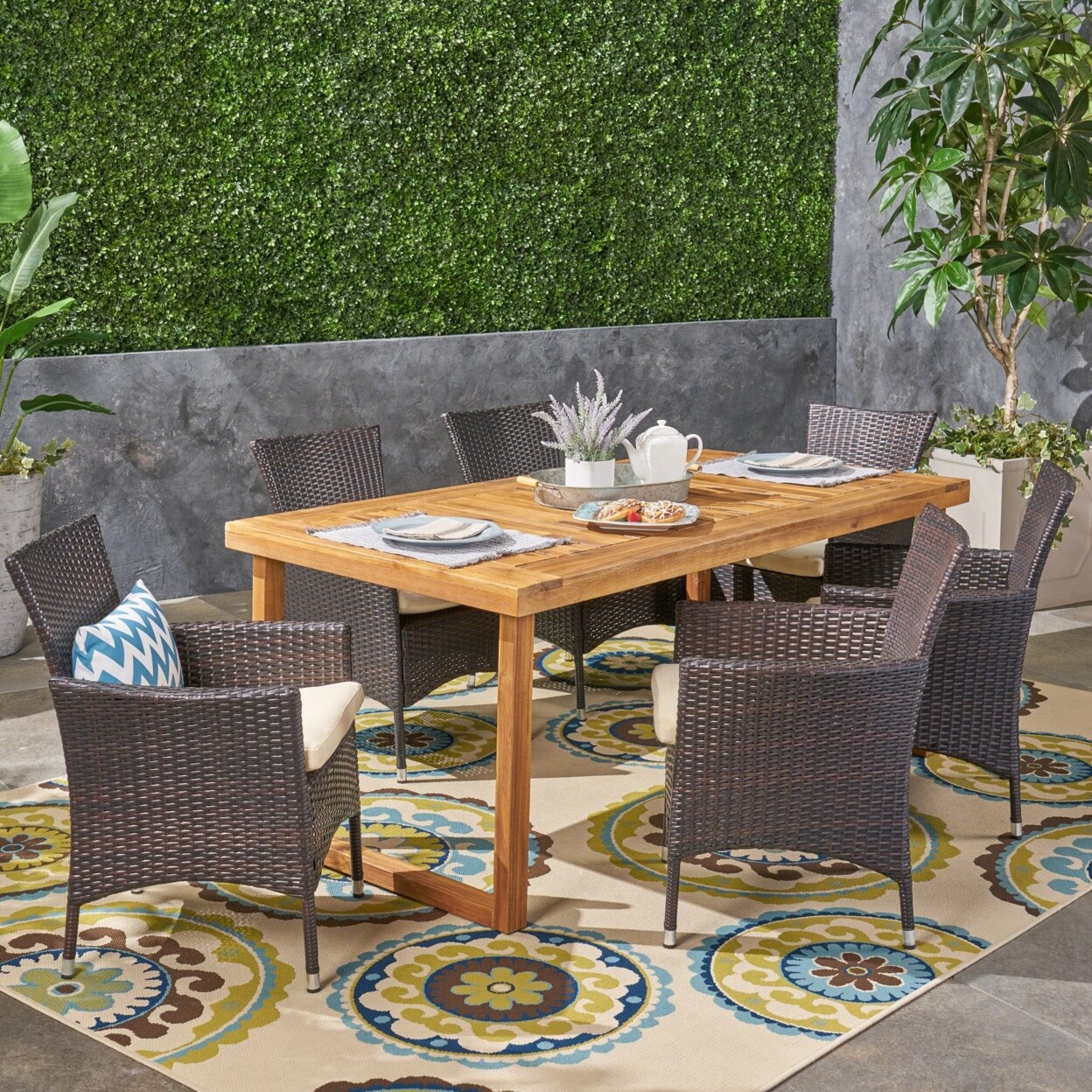 GDFStudio Fraser Outdoor 6-Seater Acacia Wood Dining Set with Wicker ...