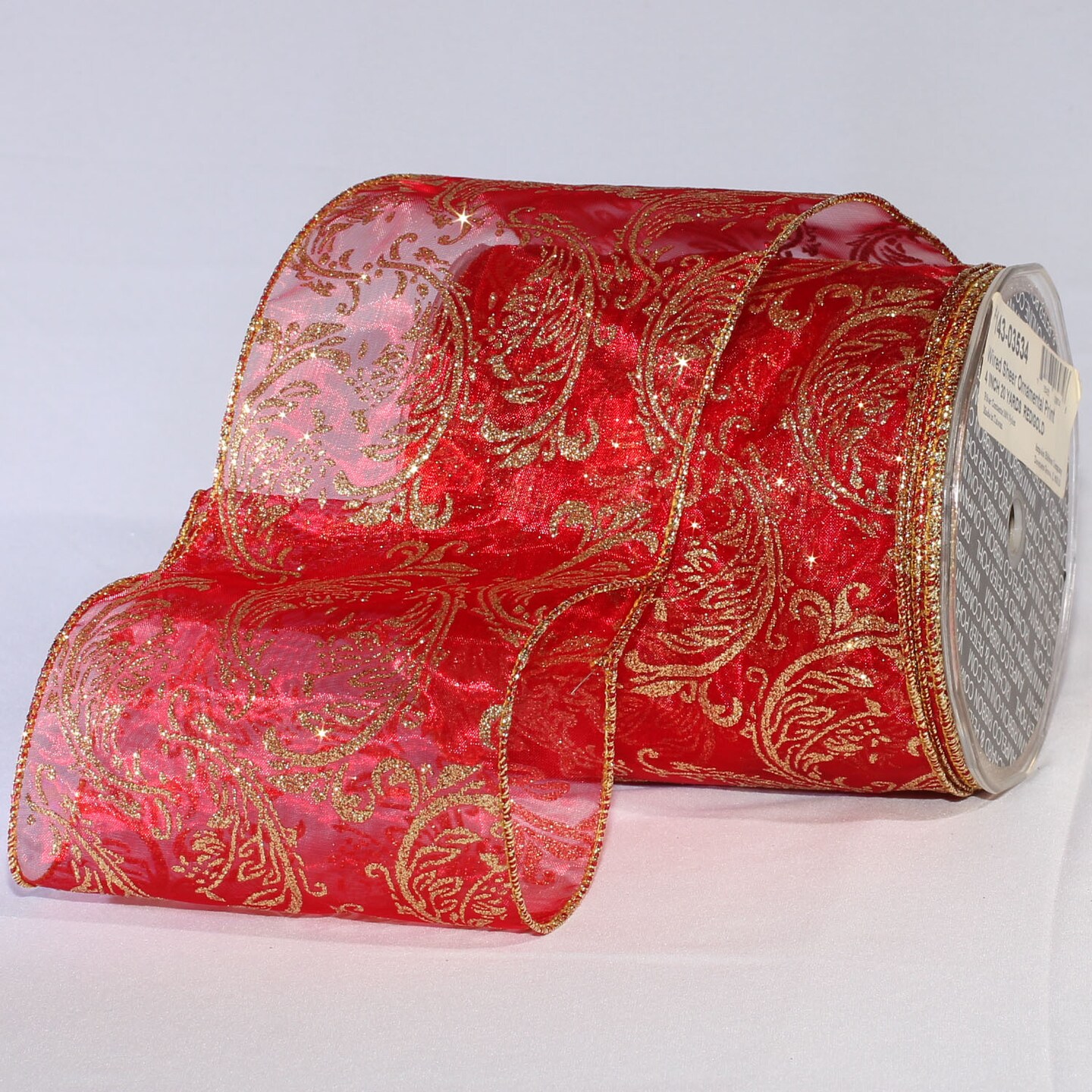 The Ribbon People Shimmering Red and Gold Sheer Ornamental Print Wired ...