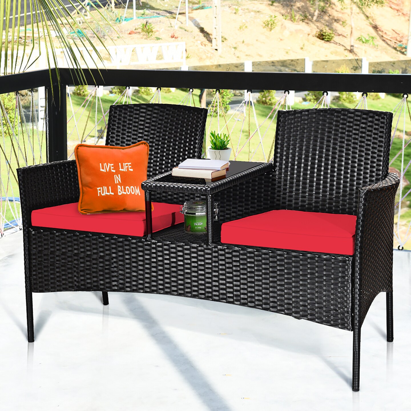 Costway Patio Rattan Conversation Set Seat Sofa Cushioned Loveseat ...