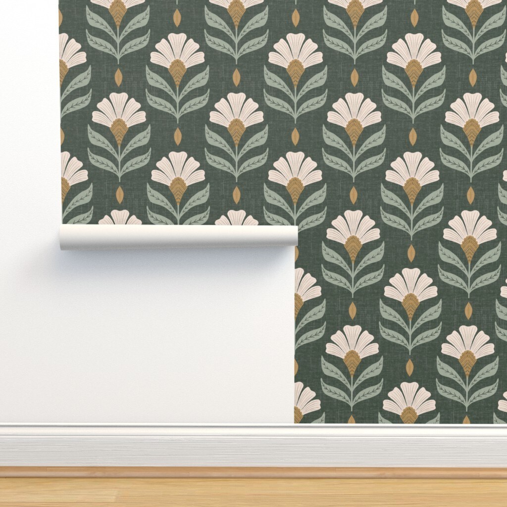 Green Flower Floral Meadow Botanical Art Nouveau Hand Drawn Large Scale ...