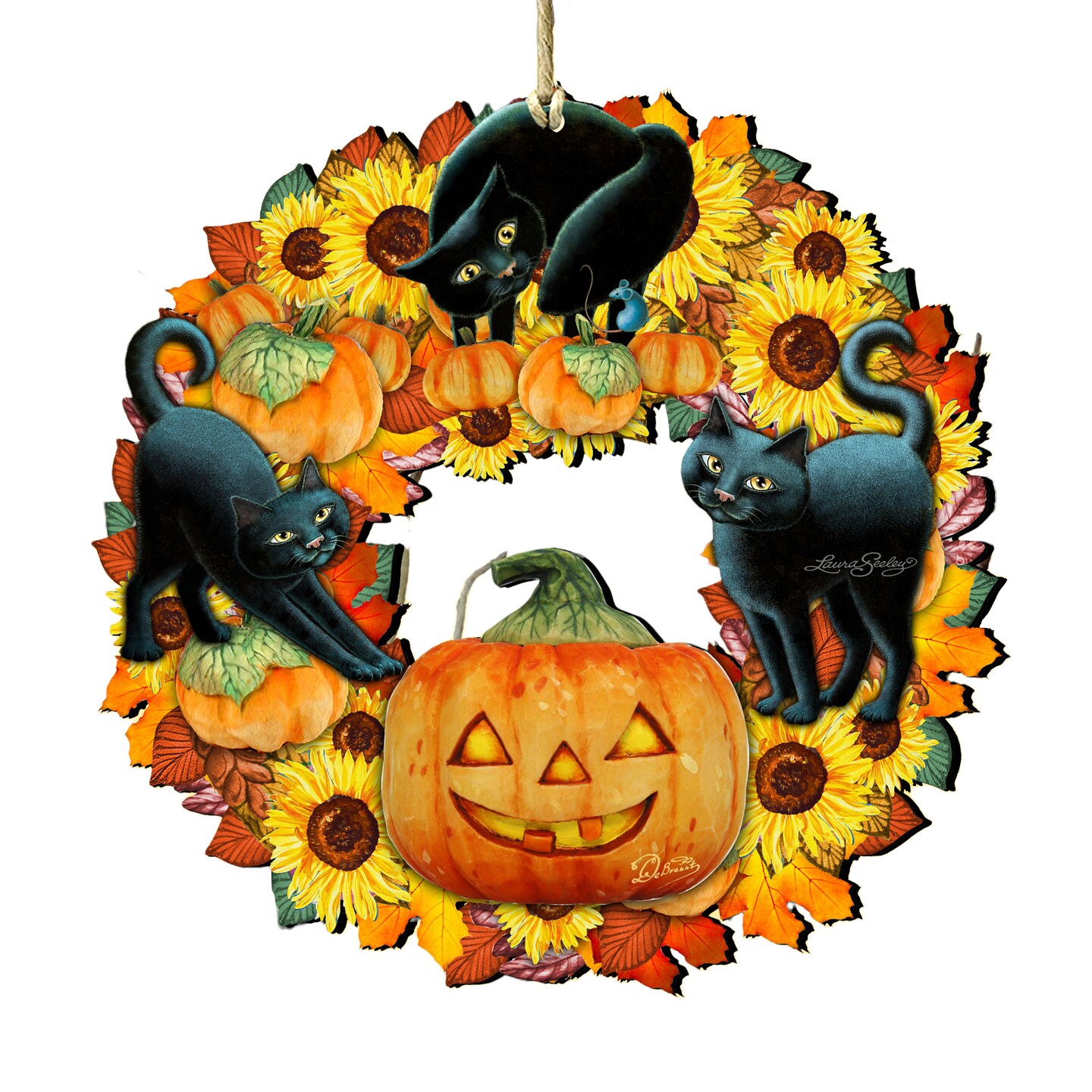 Designocracy Set of 2 Cats Flower Wreath Wooden Halloween Ornaments 5.5 ...