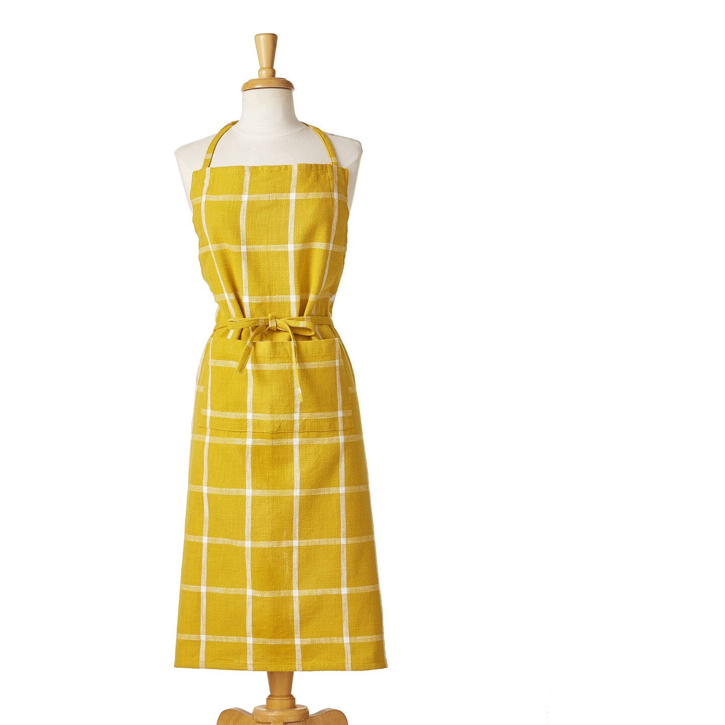 Classic Check Slub Bib Apron with Large Pocket and Waist Tie Yellow ...