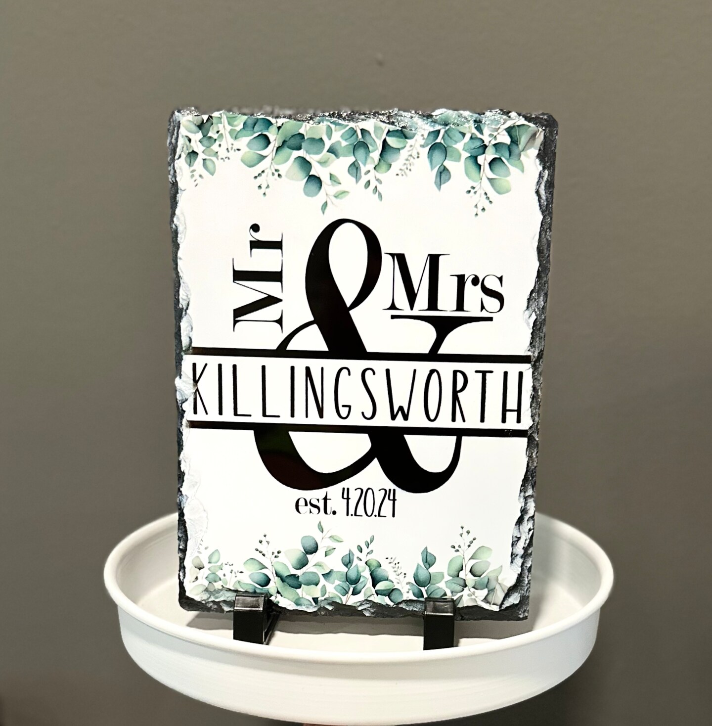 Mr and Mrs Last Name Wedding Est Date with Eucalyptus Border Rock Slate ...