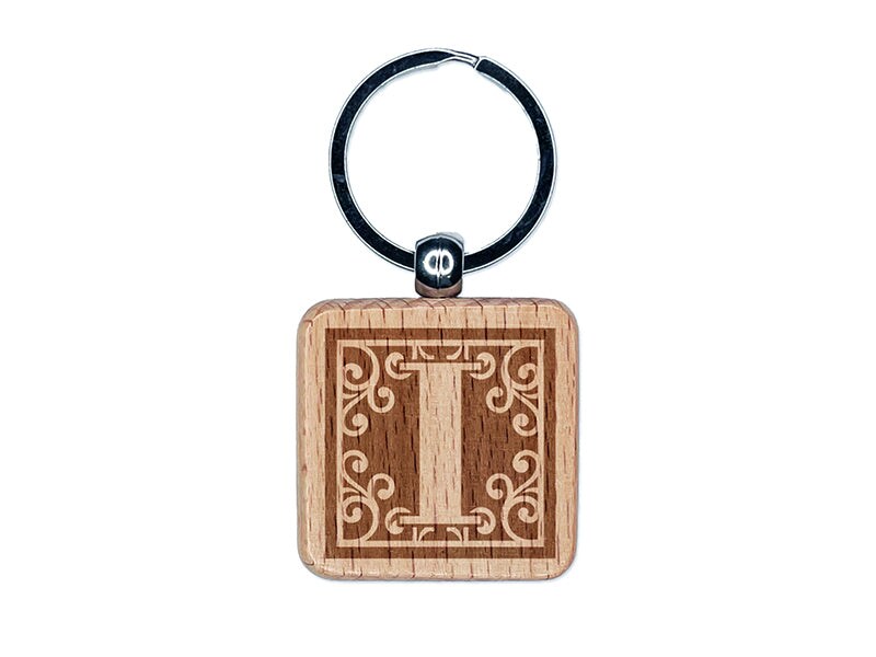 Monogram Swirls Capital Letter I Engraved Wood Square Keychain Tag ...