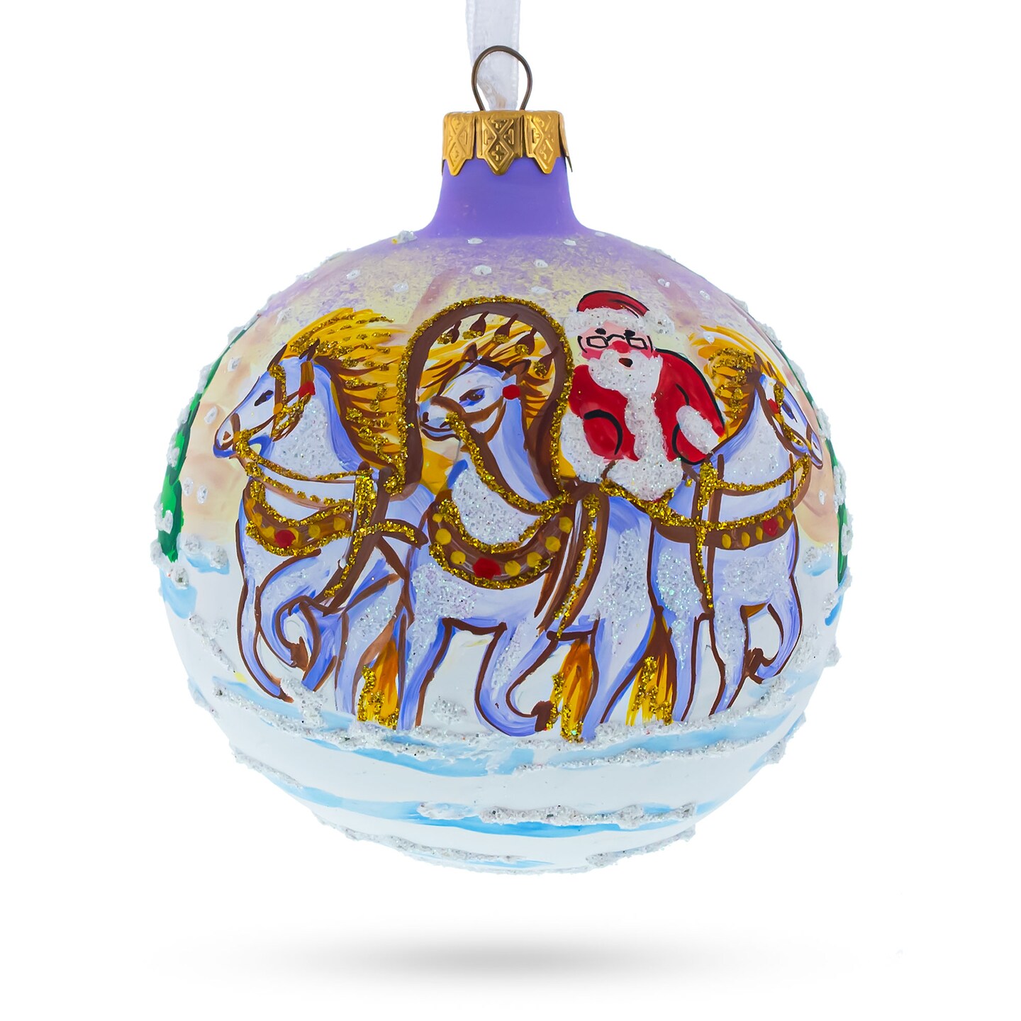 Majestic Santa in Winter Riding 3 White Horses Glass Ball Christmas ...