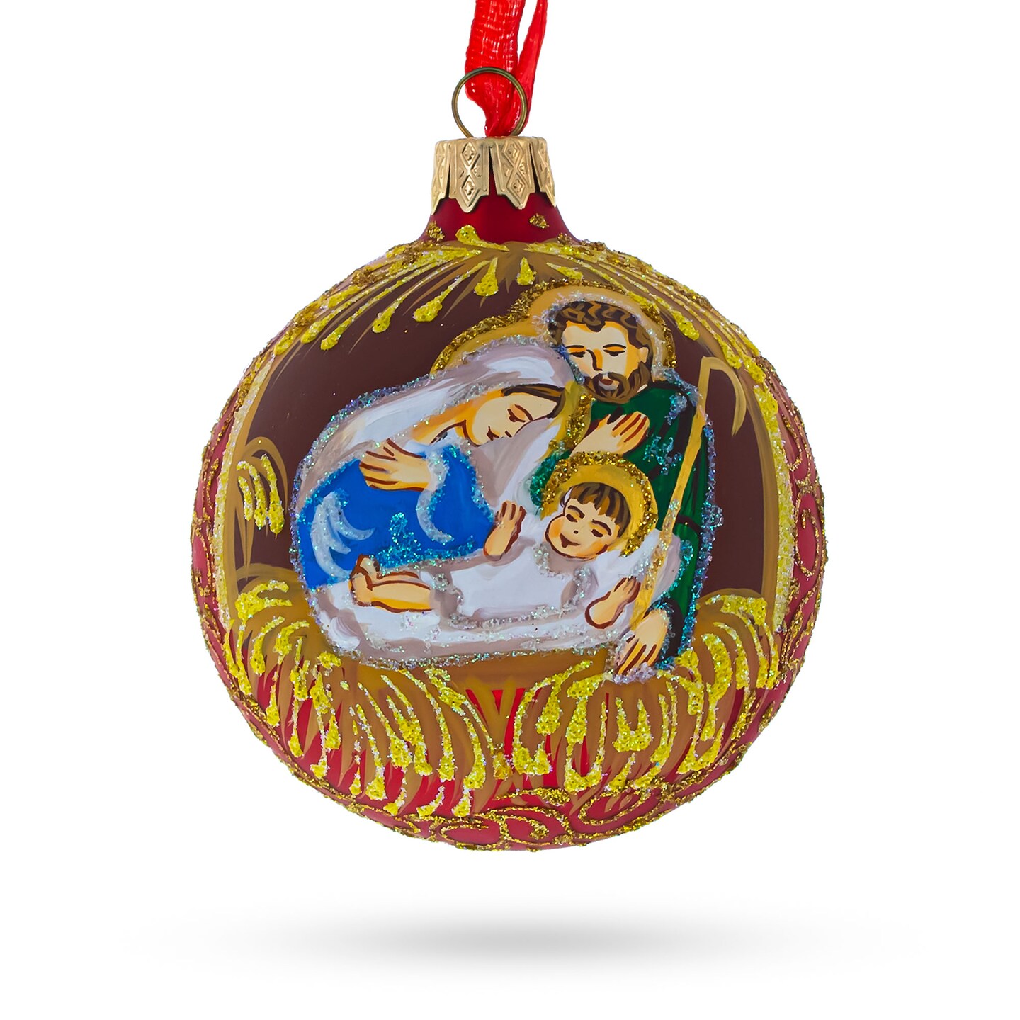 Holy Family Admires Jesus Nativity Scene Glass Ball Christmas Ornament ...