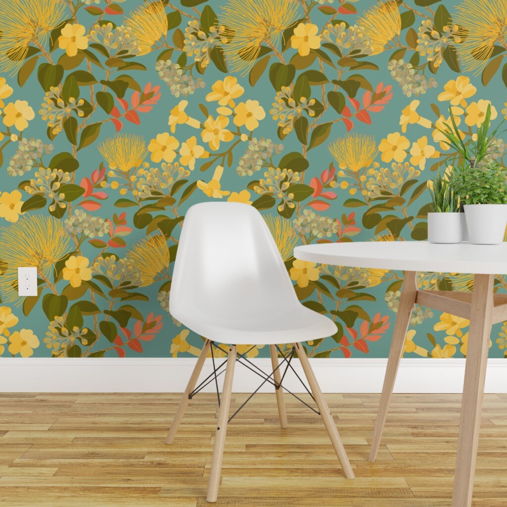 Pre Pasted Wallpaper 2FT Wide Teal Floral Botanical Jungle Tropical Pre Pasted Wallpaper 2FT Wide Teal Floral Botanical Jungle Tropical