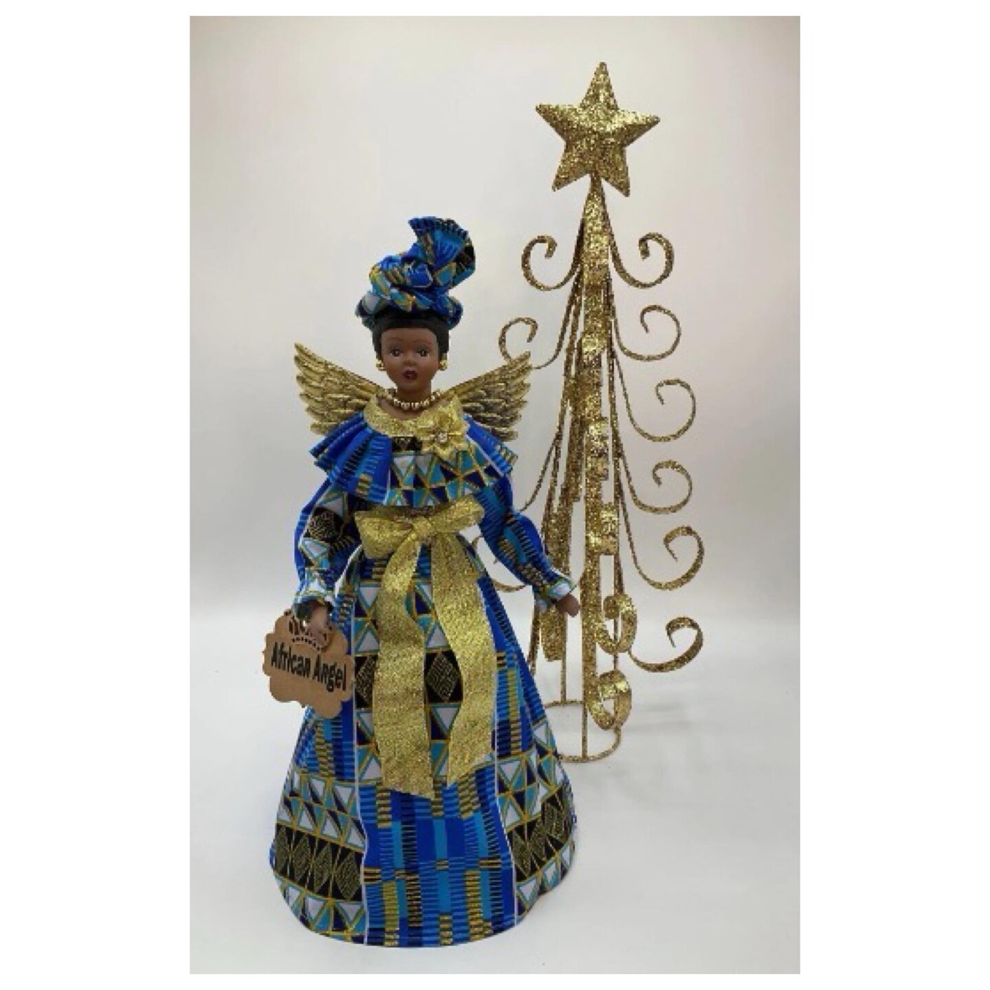 African Angel Tree Topper, Handcrafted Angel in Metallic Blue and Gold ...
