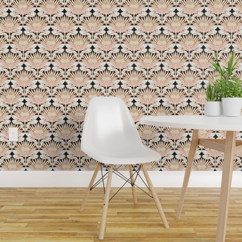 Pre Pasted Wallpaper 2ft Wide Art Deco King Protea Blush Pink Floral