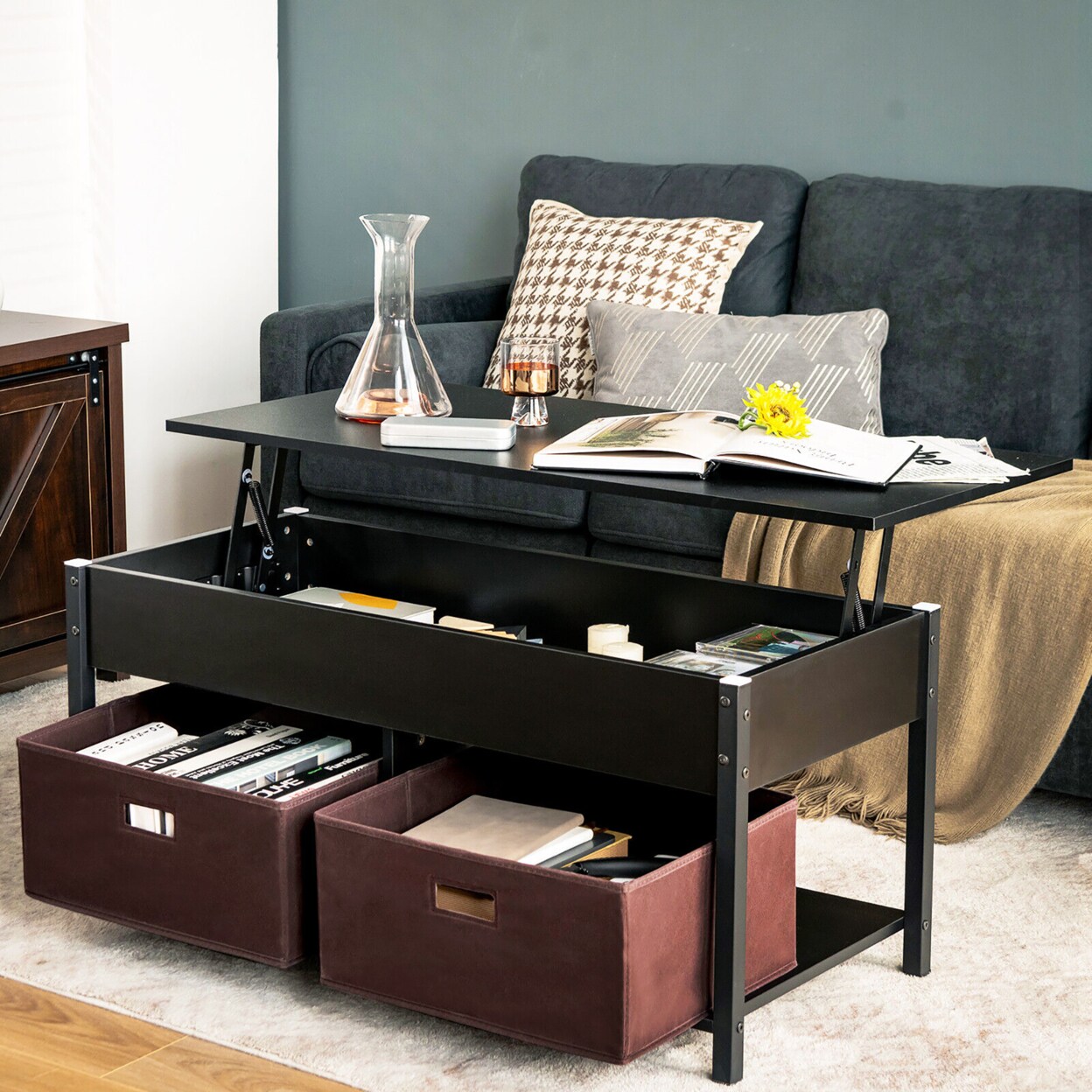 Gymax Lift Top Coffee Table Multifunctional Pop-up Central Table with ...