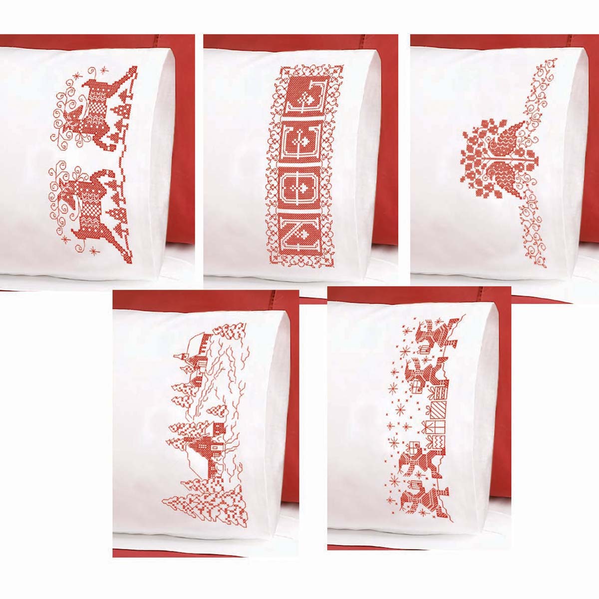 Herrschners Christmas Redwork Pillowcase Pairs Stamped Cross-Stitch ...