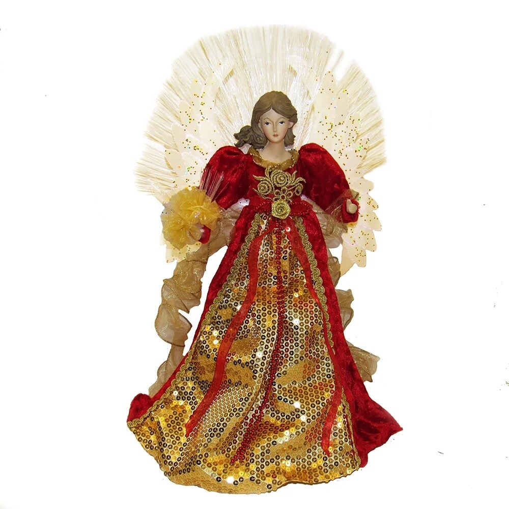 KSA 19" Lighted Red and Gold Angel Design Christmas Tree Topper, Warm ...
