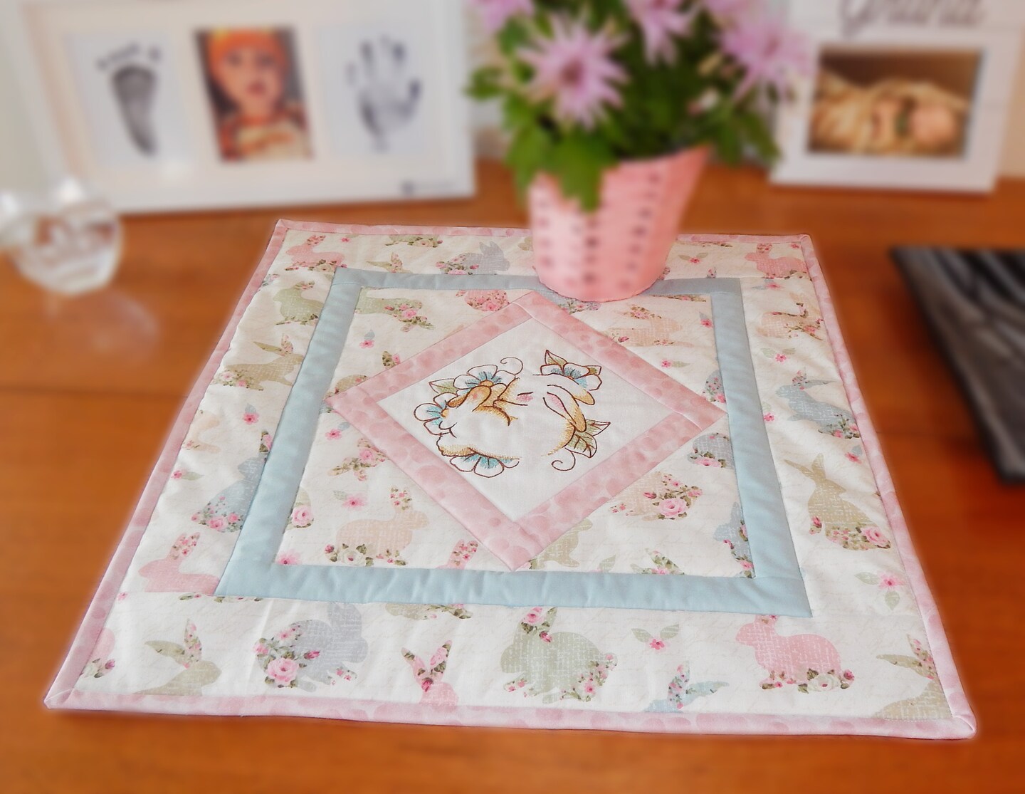 Sleeping Bunny in flowers Embroidered centerpiece - Home Art - Coffee ...