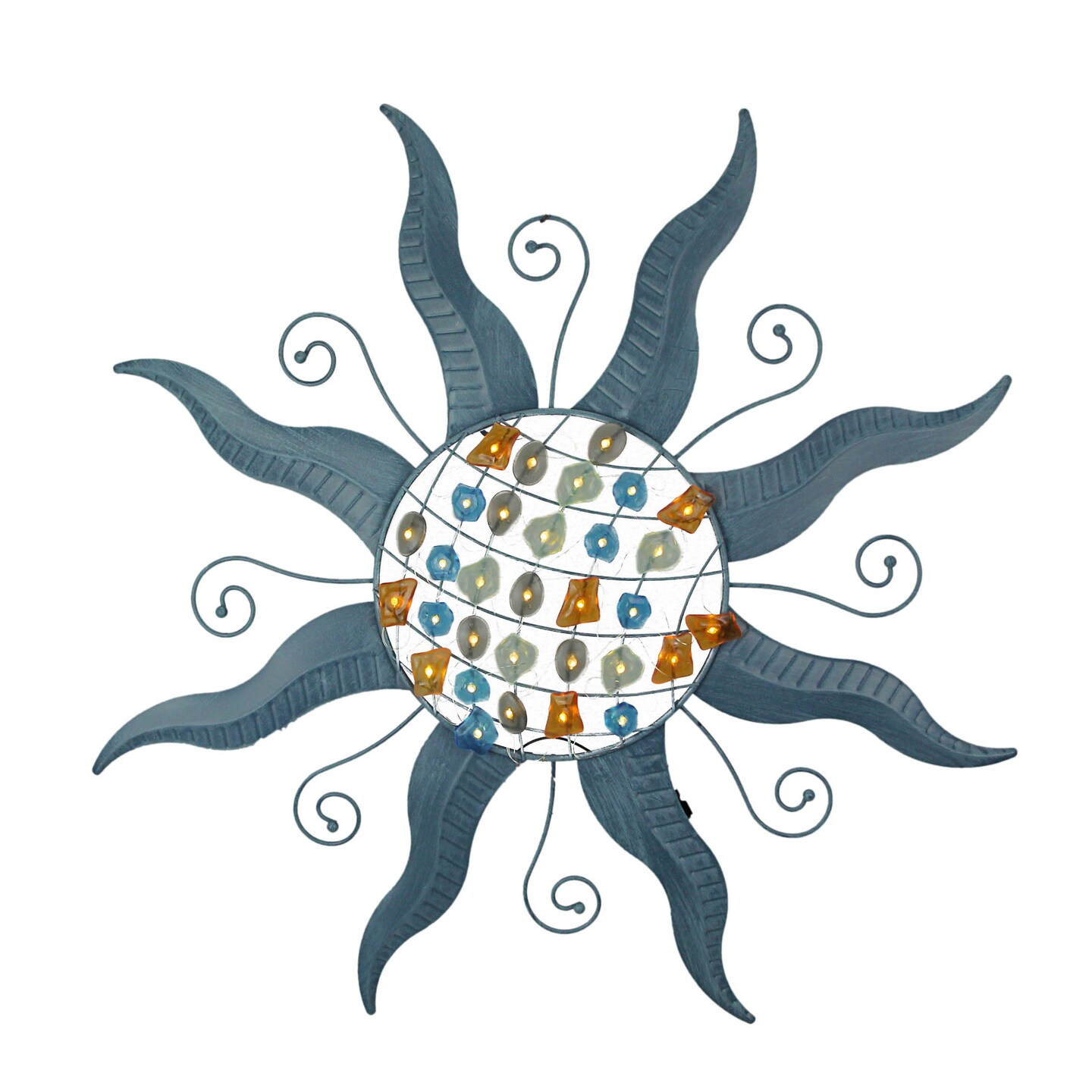 28 Inch Blue Metal Sun LED Light Wall Sculpture Decorative Rustic Home ...