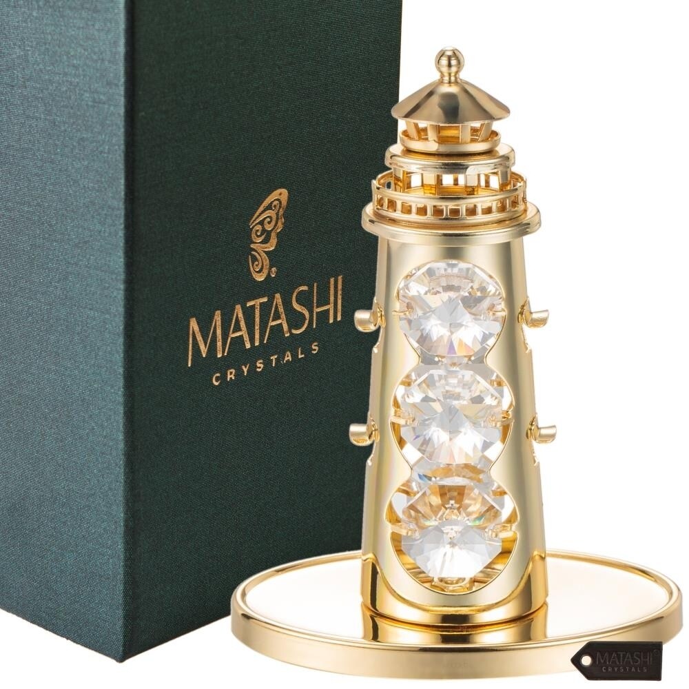 24K Gold Plated Crystal Studded Lighthouse Ornament With Clear Crystals ...