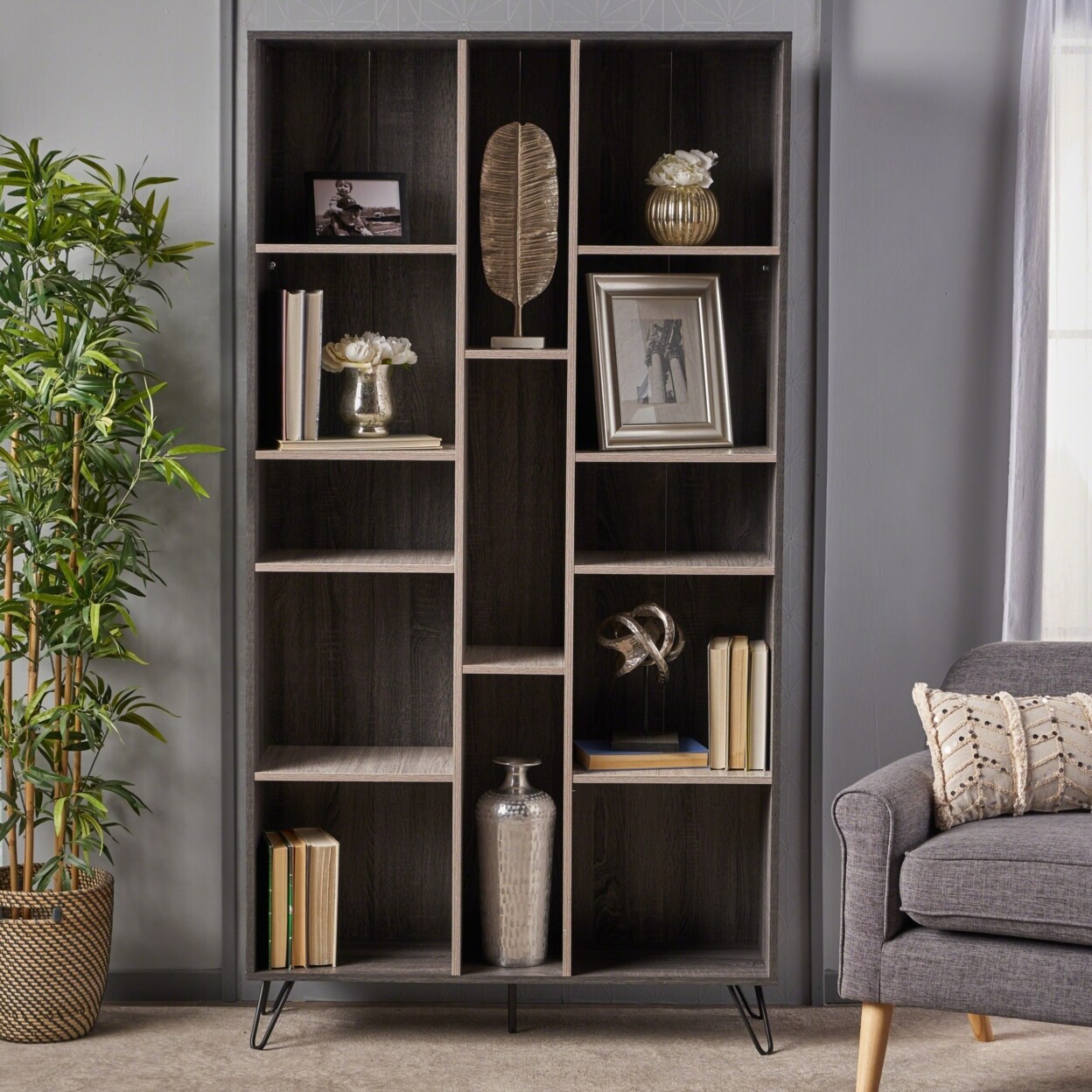GDFStudio Vivian Modern Two Toned Gray Oak Finished Faux Wood Bookshelf ...