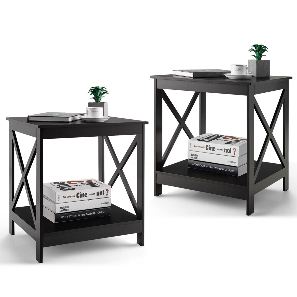 Gymax Set of 2 Accent End Table 2-Tier Sofa Side Table Nightstand w/ X ...