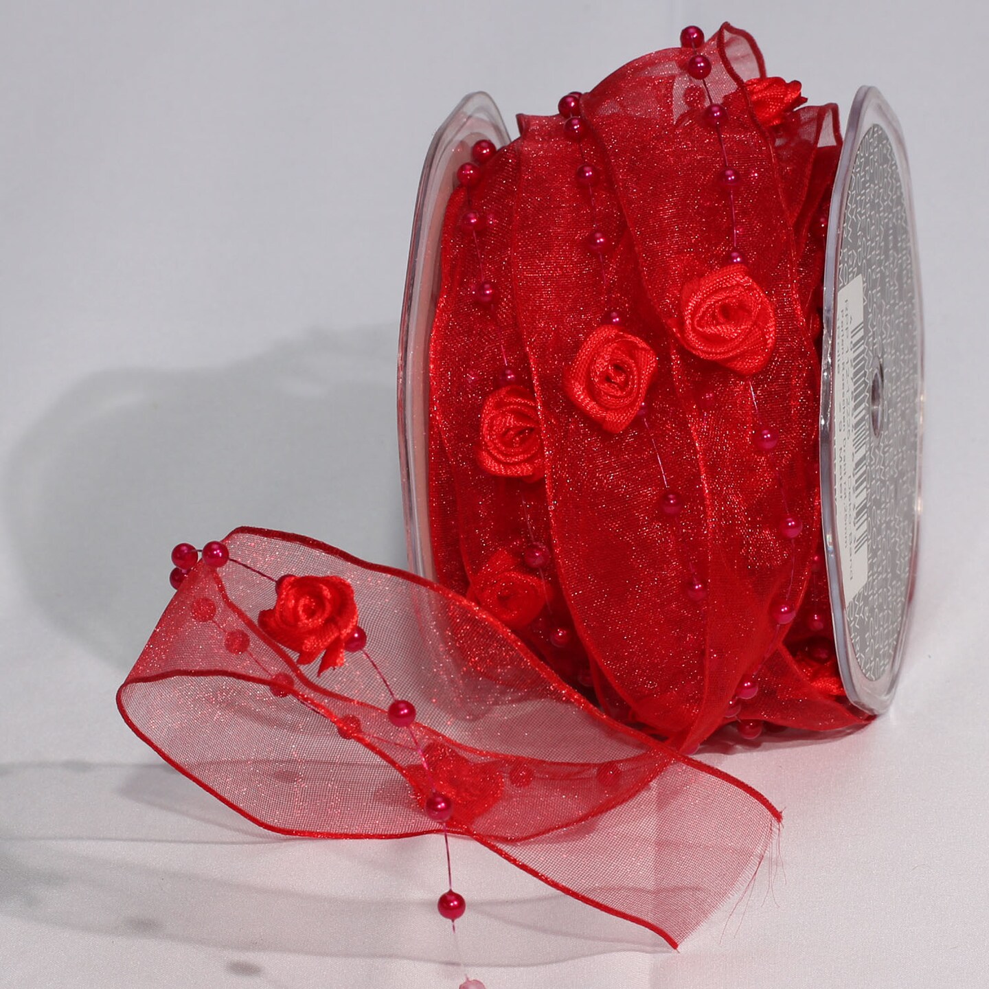 The Ribbon People Red Organdy Roses and Pearls Wired Craft Ribbon 1" x ...
