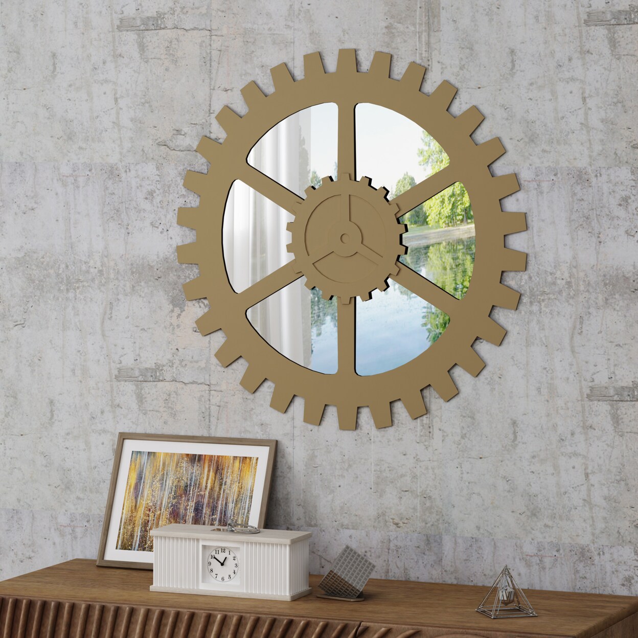 GDFStudio Louise Industrial Gear Wall Mirror, Color: Yellow, Size: 0. ...