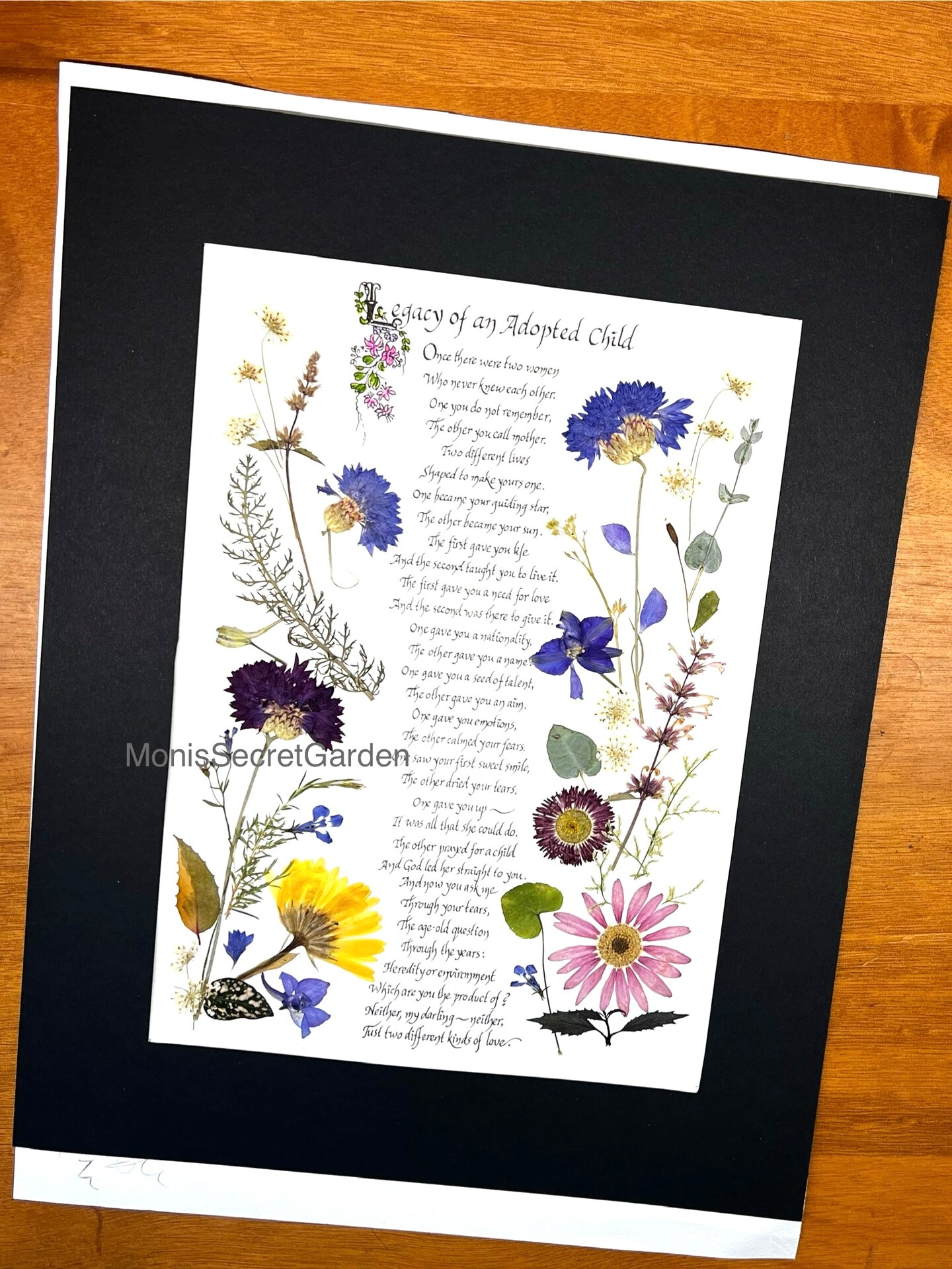 Legacy of an Adopted Child--Calligraphy with real pressed flowers-ready ...