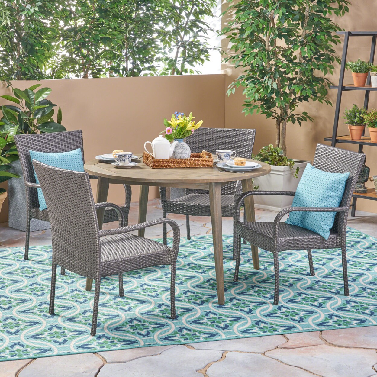 GDFStudio Ivey Outdoor 5 Piece Wood and Wicker Dining Set | Michaels