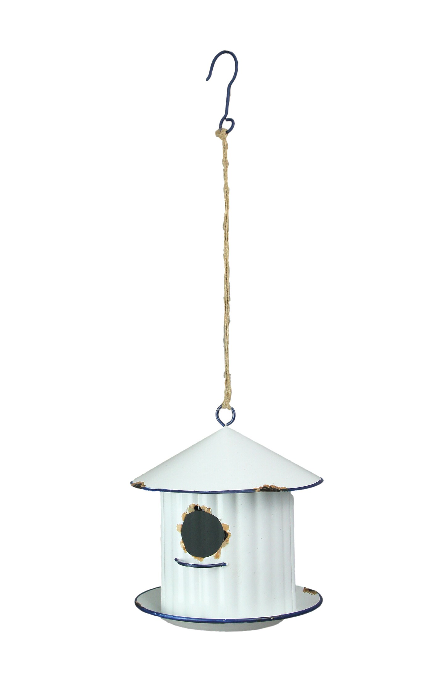 Weathered White Silo Design Hanging Metal Birdhouse With Blue Trim ...