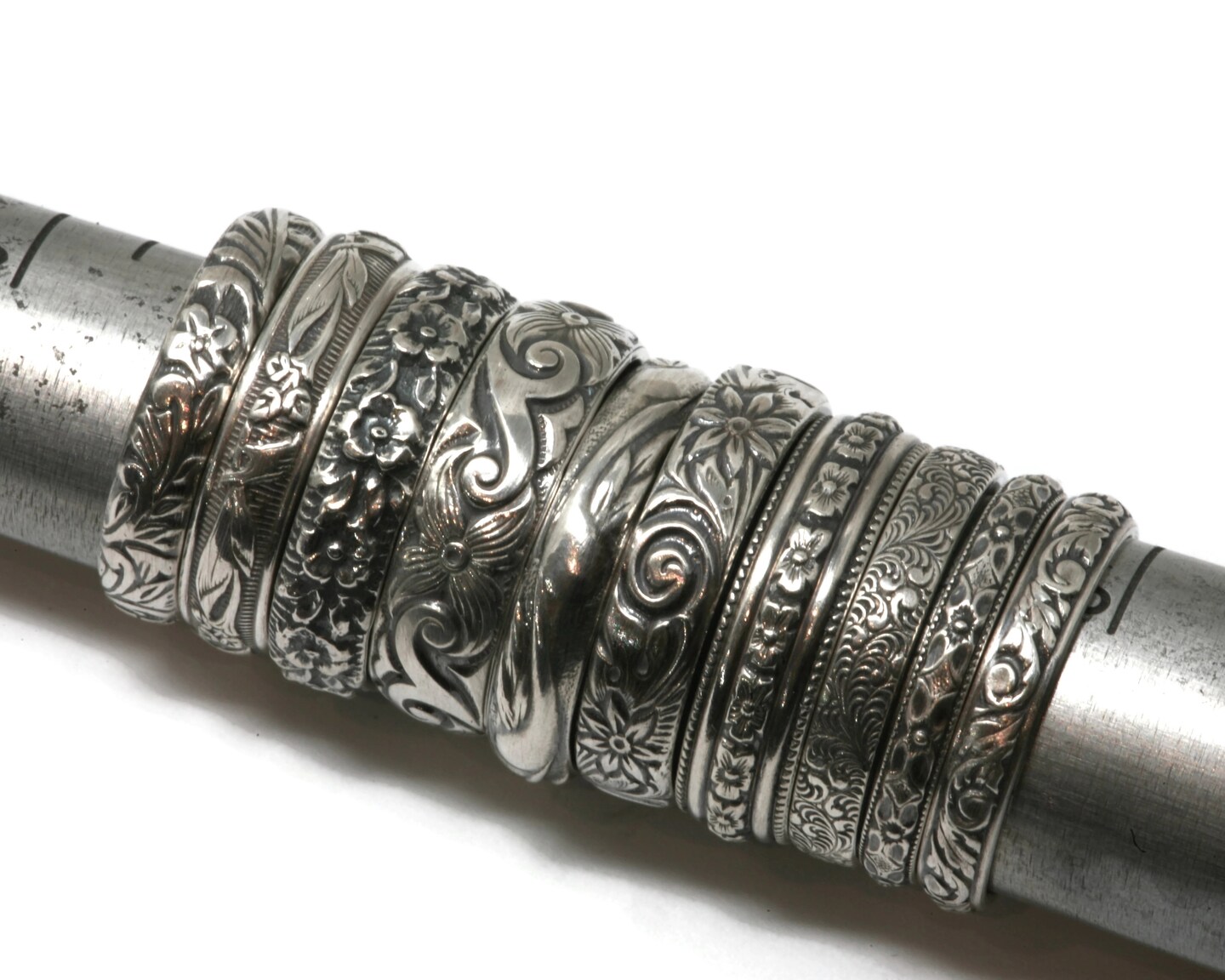 Set of 10 Made to Size 925 Sterling Silver Floral Theme Pattern Bands ...