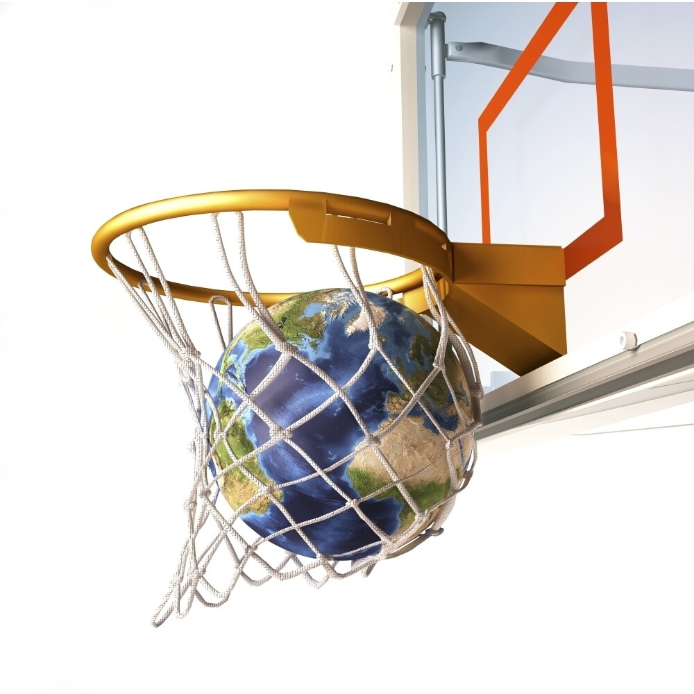 3D Rendering Of Planet Earth Falling Into A Basketball Hoop Poster ...