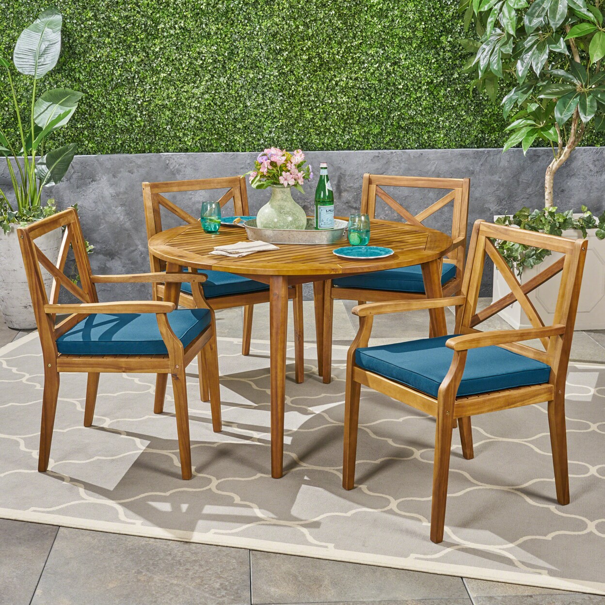 GDF Studio Jenson Outdoor 5 Piece Acacia Wood Dining Set with Cushions ...