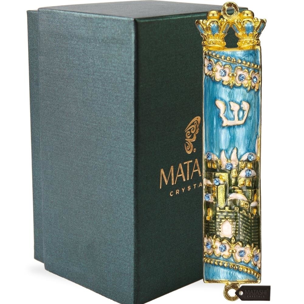 Hand Painted Blue And Green Enamel Mezuzah With Jerusalem City Design With Gold Accents And Fine ...