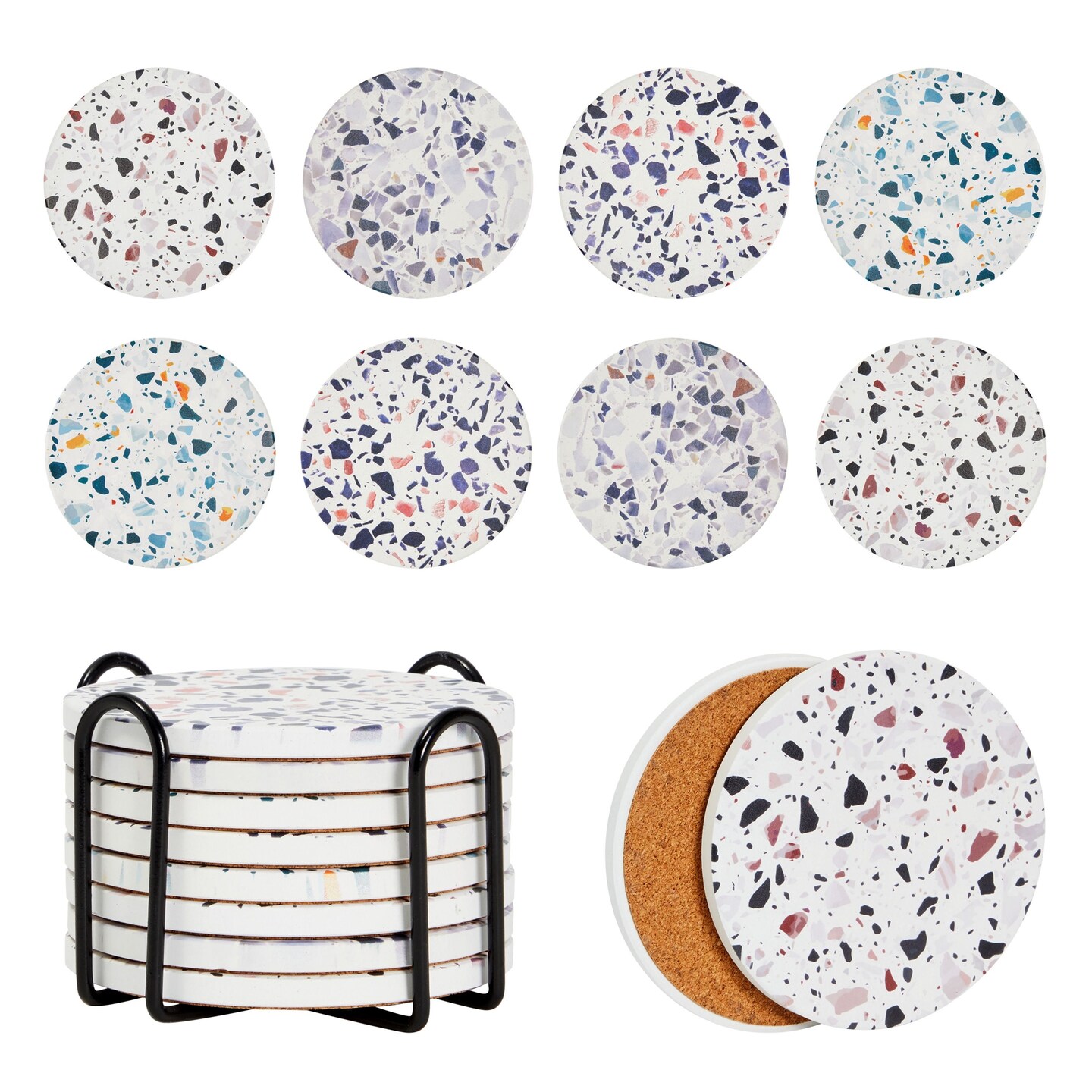 Set of 8 Round Terrazzo Ceramic Coasters with Holder and Cork Base ...