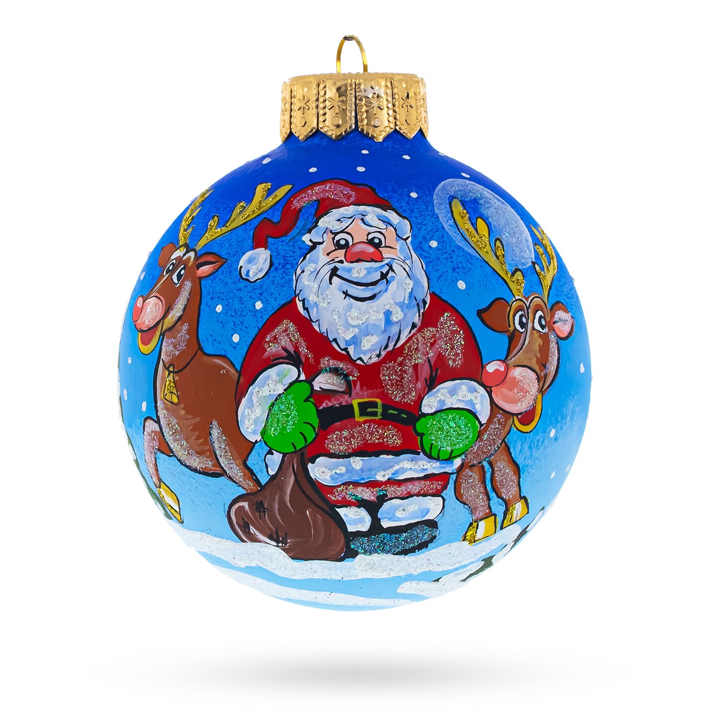 Santa and Reindeer Festive Glass Ball Christmas Ornament 4 Inches ...