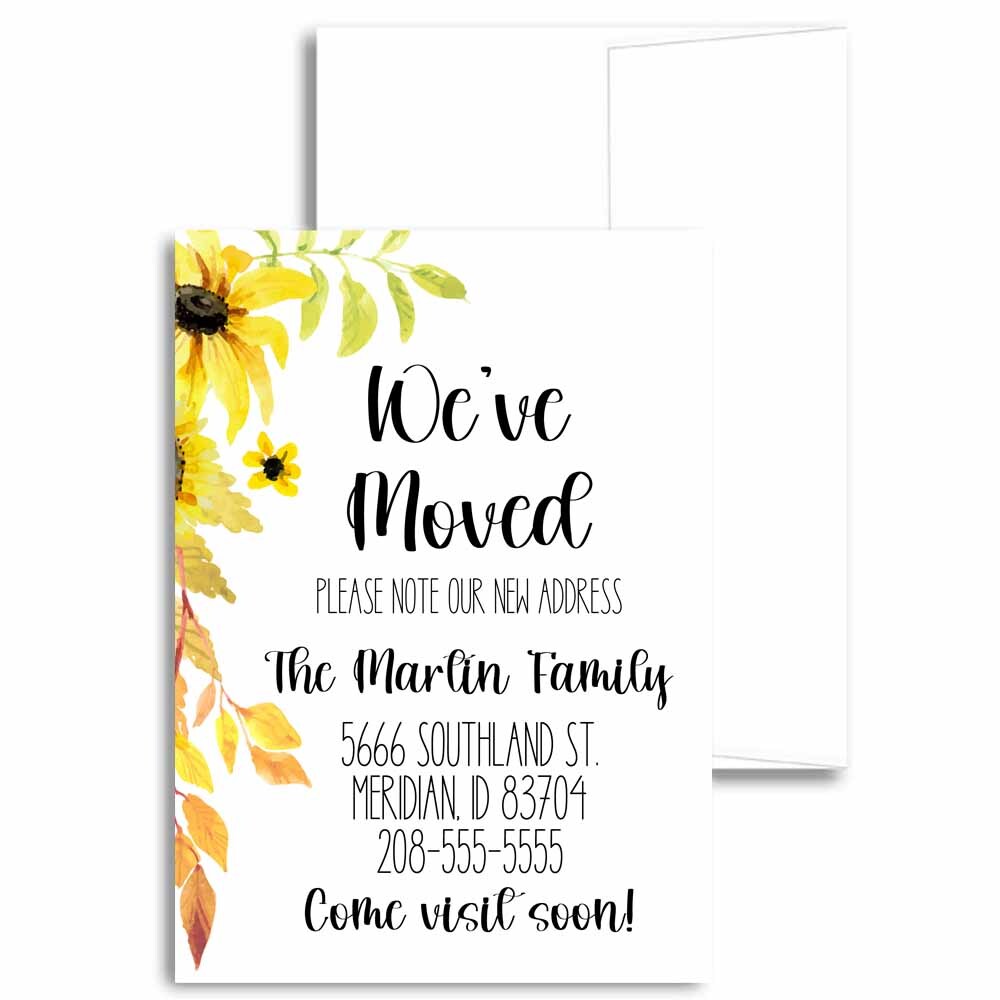 Sunflowers moving announcement, personalized new address stationery ...