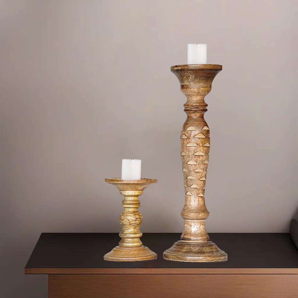 BBH Homes Handmade Traditional Medium Burnt Eco-friendly Mango Wood Set Of Two Pillar Candle ...