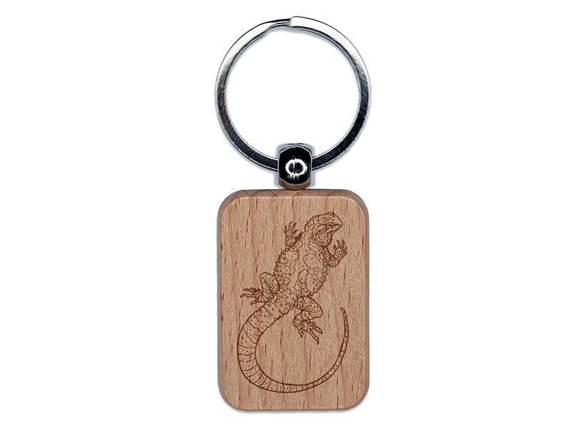 Bearded Dragon Lizard Looking Back Engraved Wood Rectangle Keychain Tag ...