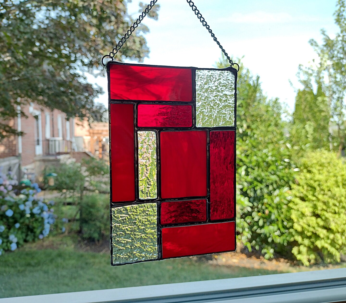Red Geometric Stained Glass Panel Suncatcher, Mondrian Stained Glass ...