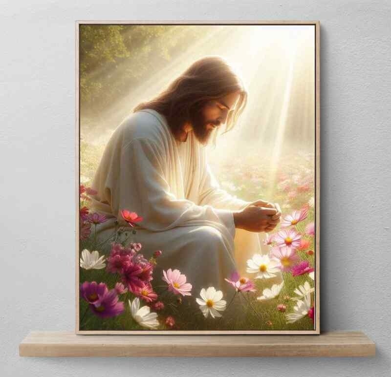 Jesus Praying with Flowers - Christian Jesus Christ Wall Art Home Decor ...