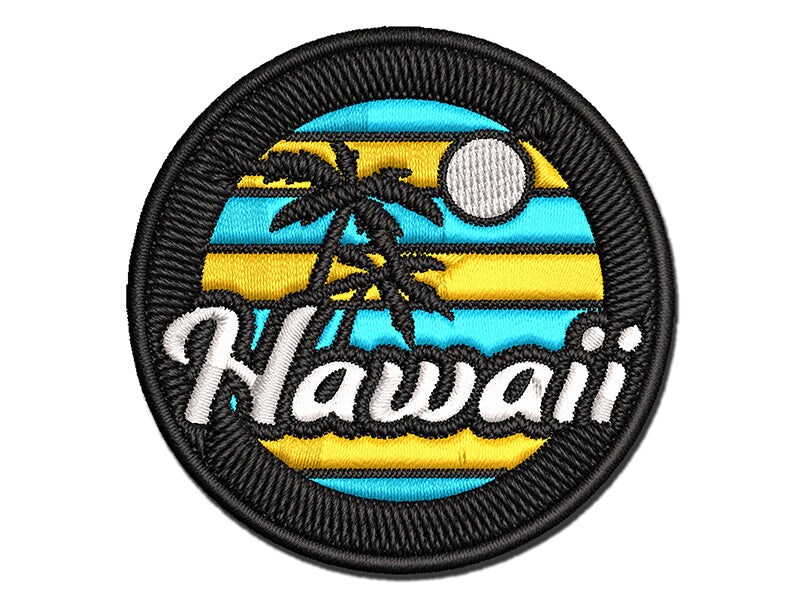 Hawaii Sunset Text with Palm Trees Multi-Color Embroidered Iron-On or Hook & Loop Patch Applique ...