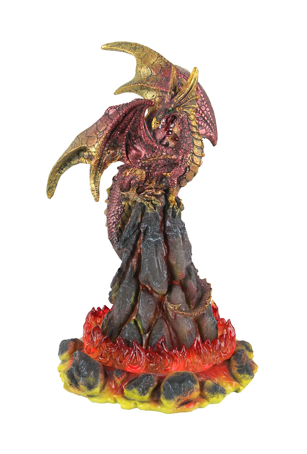 Metallic Copper and Gold Dragon Atop Glowing Volcano LED Lighted Statue ...