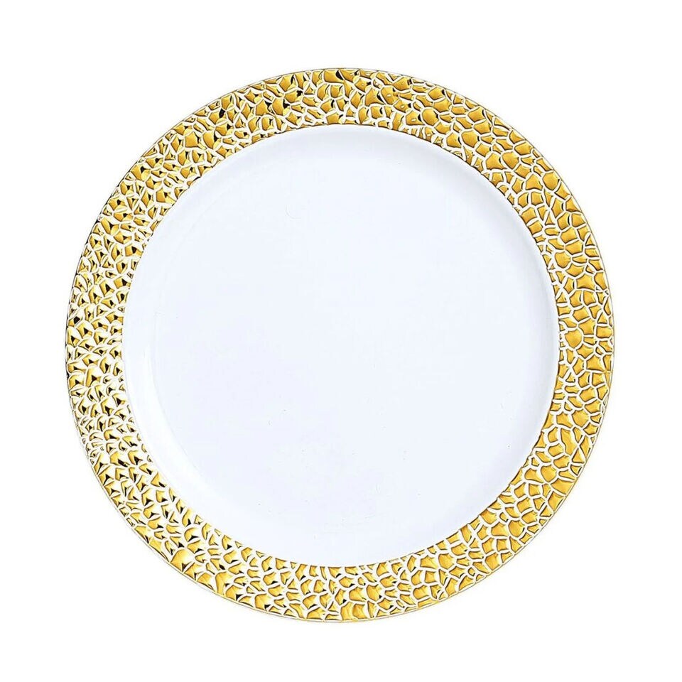 10 WHITE 10" Round Salad PLATES Hammered GOLD Trim Party Events | Michaels