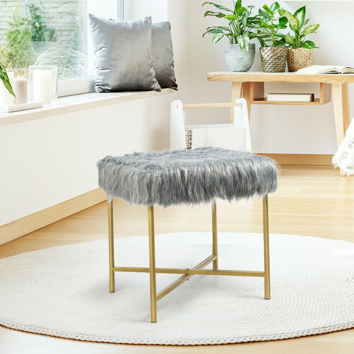 Luxurious Faux Fur Covered Footrest Stool with Gold Metal Base | Michaels